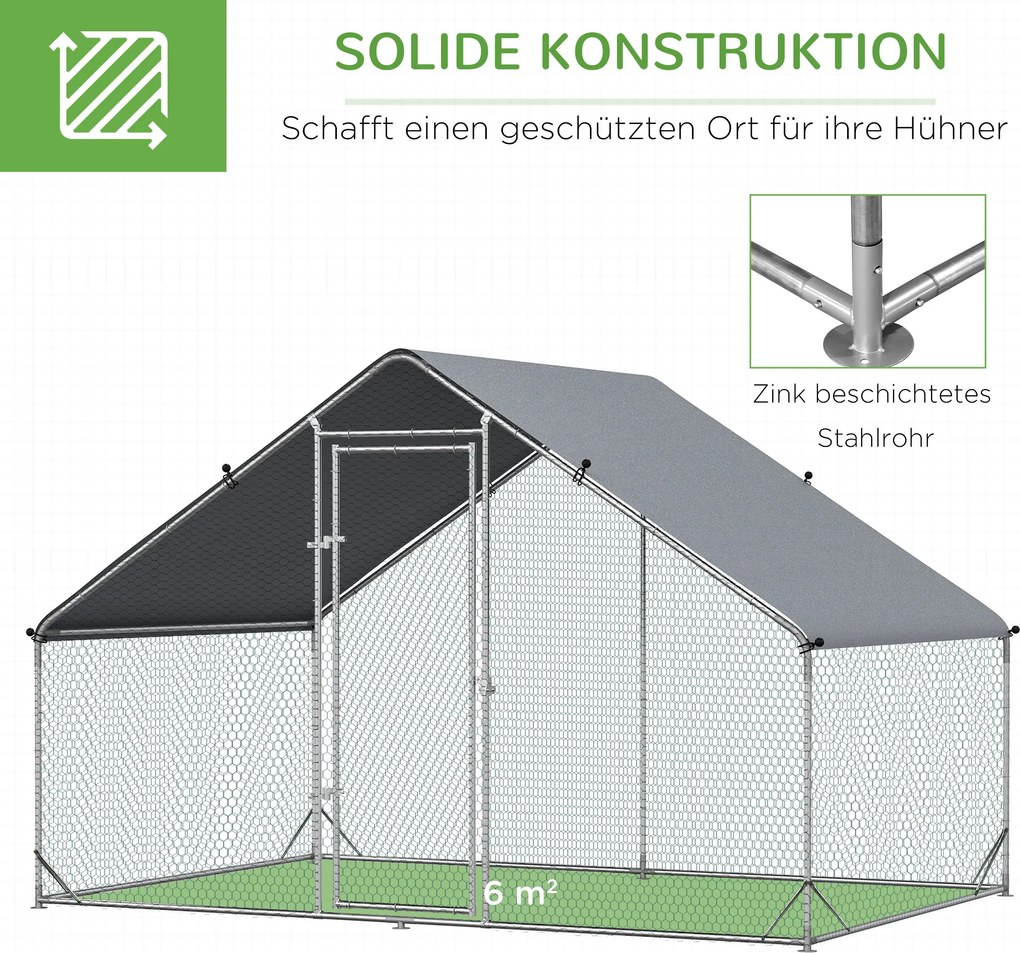 Ocelový kurník PawHut pro volný chov kuřat, 300 x 200 cm, klec pro kuřata s víkem, dvířka, výběh pro 4-6 kuřat, malá zvířata, stříbrný