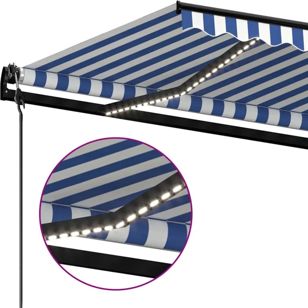 Automatická markýza LED a senzor větru 450 x 350 cm modrobílá 3069211