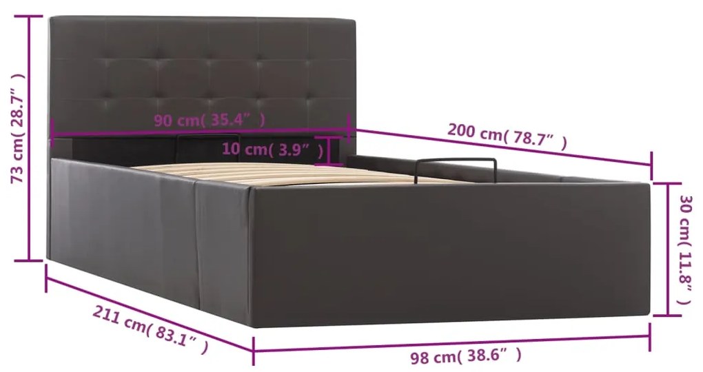vidaXL Marketos Rám postele zvedací úložný prostor šedý umělá kůže 90 x 200 cm