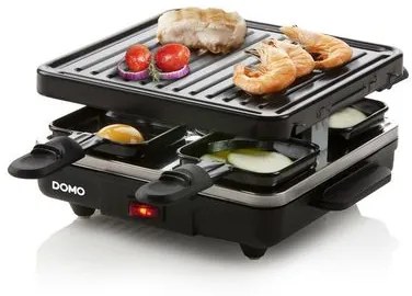 DOMO DO9147G černá / Raclette gril pro 4 osoby / 600W / termostat / pečící plocha 210x210mm / 4ks pánviček 8x8 cm (DO9147G)