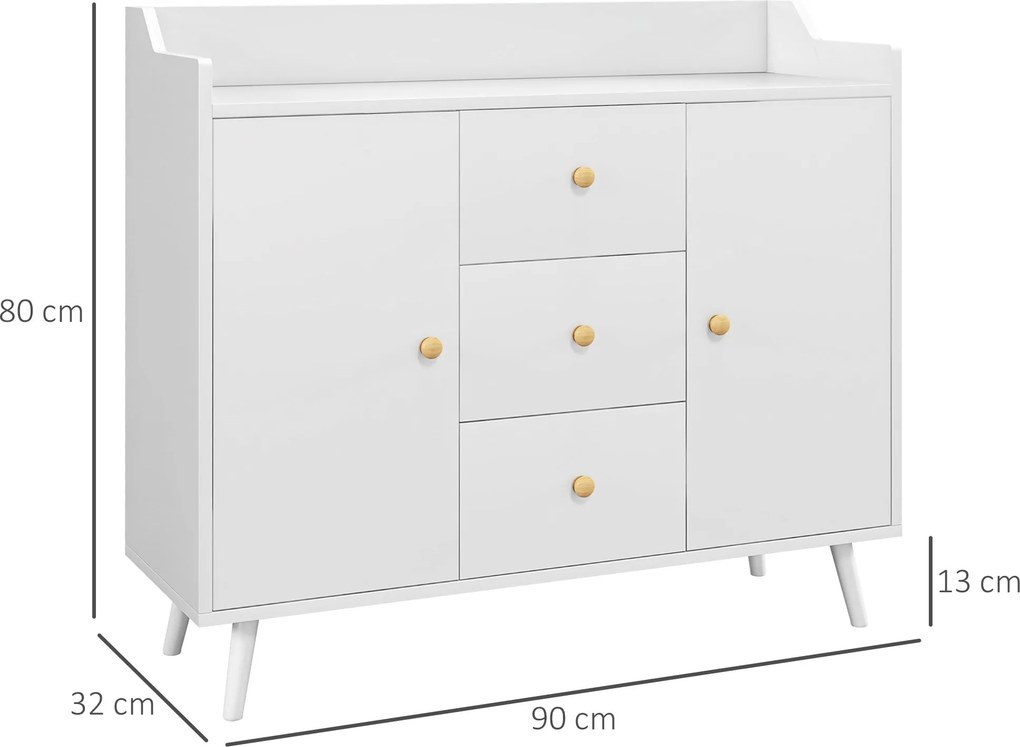 HOMCOM Moderní Komoda do Obývacího Pokoje s 2 Dveřmi a 3 Zásuvkami a Nohy z Borovicového Dřeva pro Jídelnu, Chodbu, Ložnici 90x32x80 cm Bílá