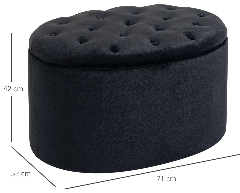 HOMCOM Lavice v černé barvě Moderní čalouněná lavice s úložným prostorem, sametový polyester, kaučukové dřevo, oválný tvar, 71x52x42cm