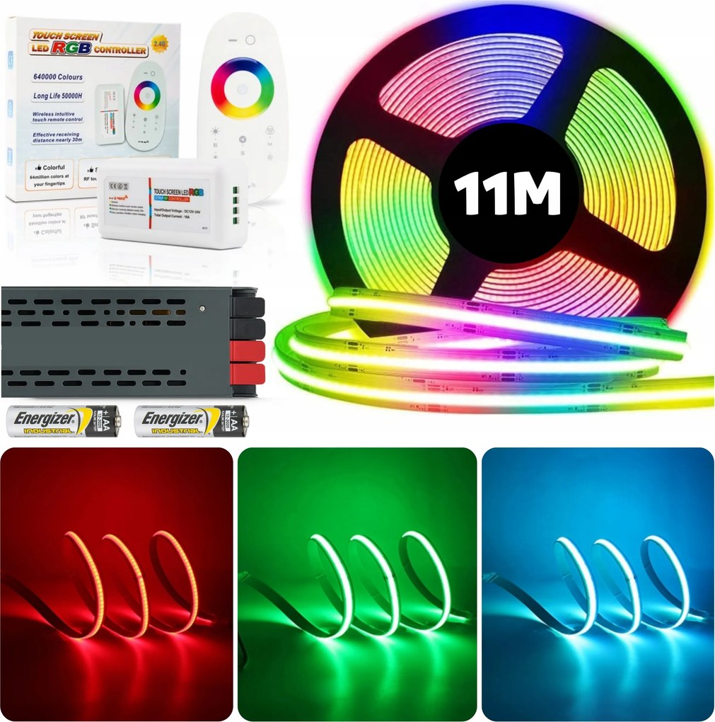 Set 11M Led pásek Cob Rgb 840 diod 15W 24V s dálkovým ovládáním a napájecím zdrojem