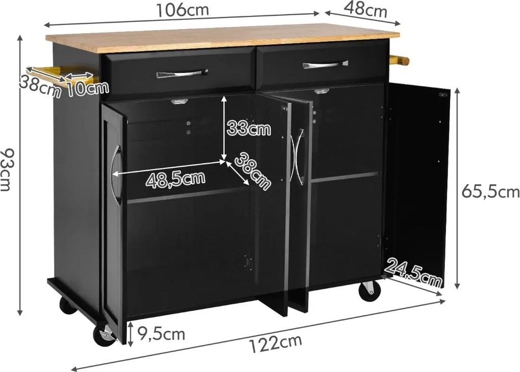 Costway Rolling Kitchen Island vozík s kaučukovou pracovní deskou 4 – černý