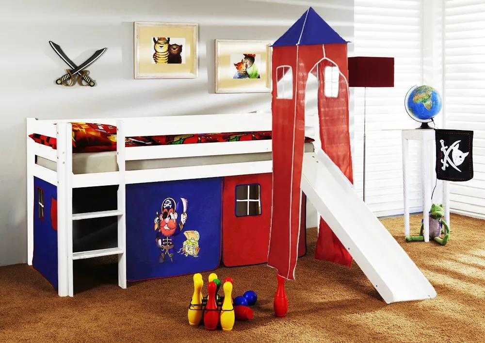 Dětská vyvýšená postel se skluzavkou bílá modročervený pirát