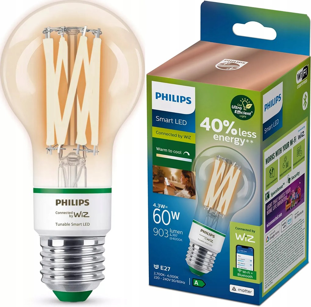 Led žárovka E27 A60 4.3W 60W Filament Smart WiFi Aplikace WiZ Philips