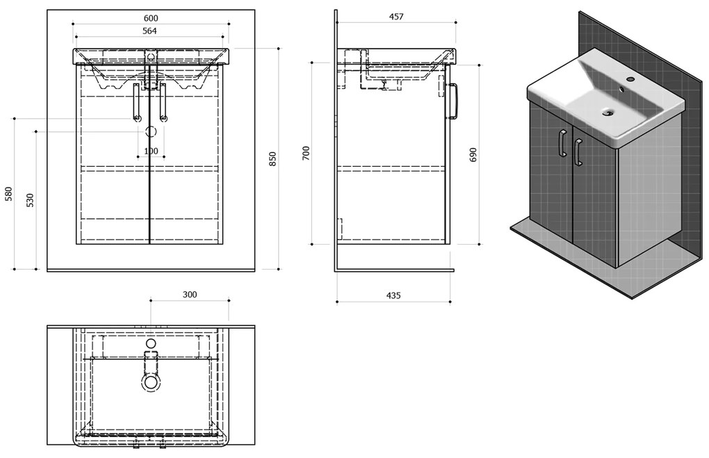 Sapho THEIA umyvadlová skříňka 56,4x70x44,2cm, 2xdvířka, borovice rustik, TH062-1616