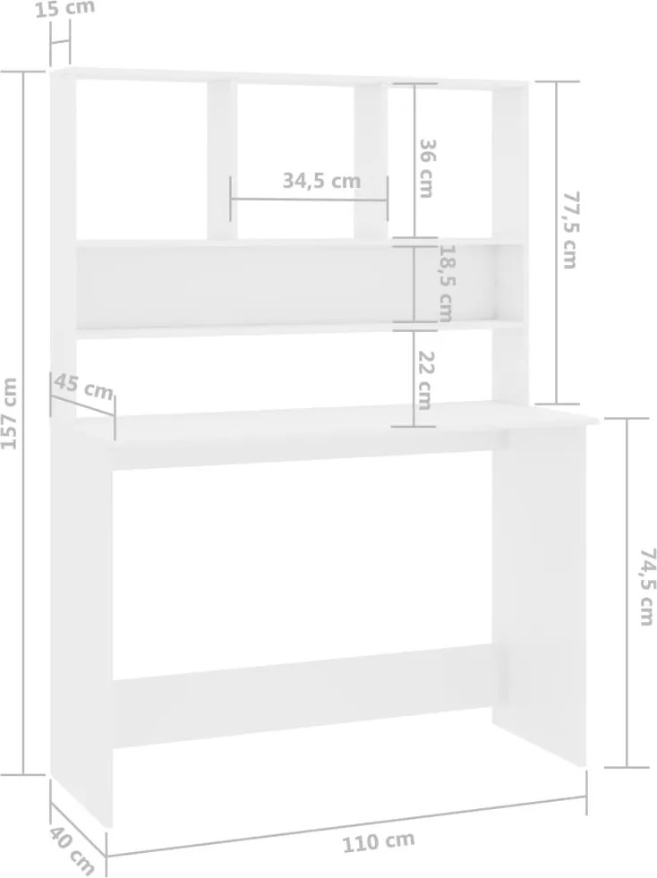 vidaXL Marketos Psací stůl a police bílý vysoký lesk 110x45x157 cm dřevotříska