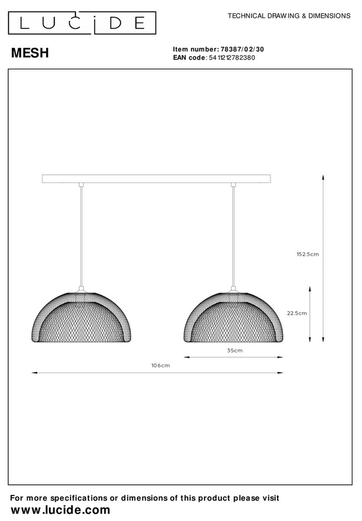 Lucide 78387/02/30 závěsné svítidlo Mesh černé, 2xE27, 106cm