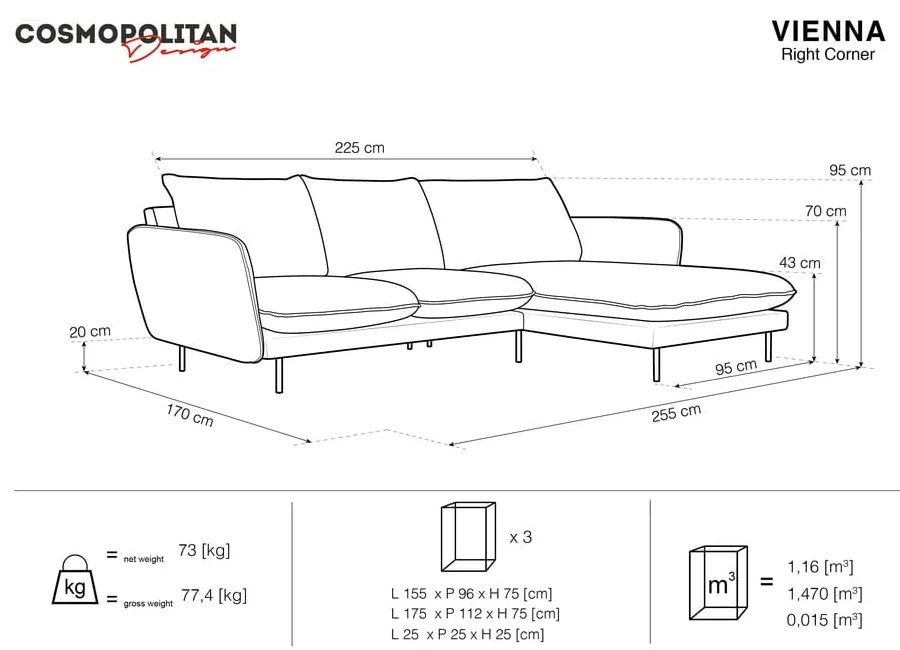 Tmavě zelená sametová rohová pohovka (pravý roh) Vienna – Cosmopolitan Design