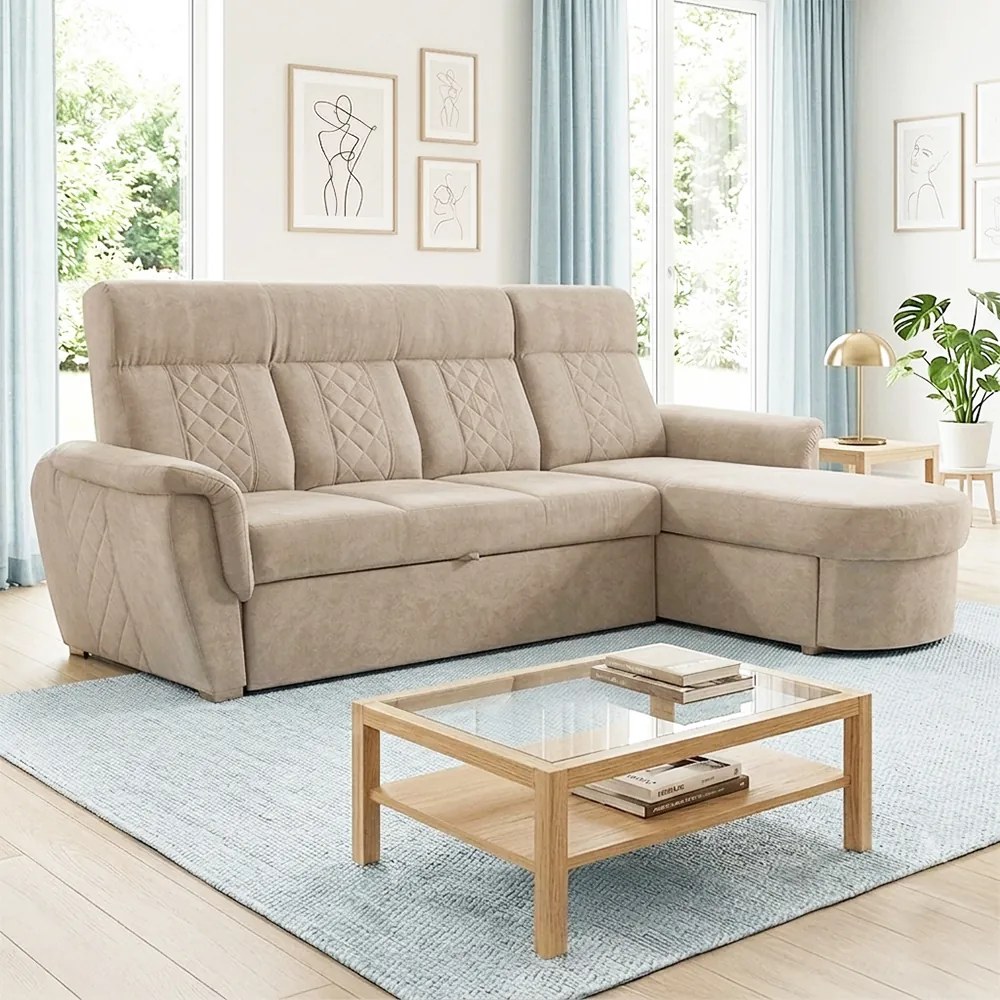 Sedací souprava BOSTON 255x175 cm | EXTRA VYSOKÝ sedák a záda | rozkládací s úložným prostorem | béžová