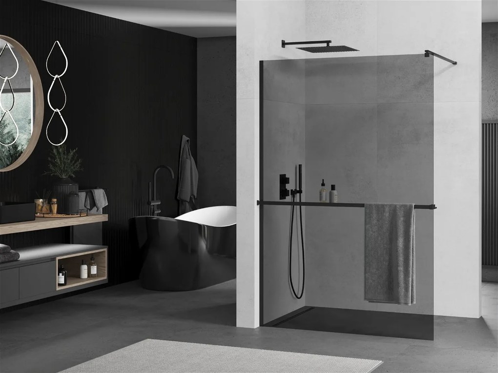 Mexen Kioto+, sprchová zástěna s poličkou a držákem na ručníky 120 x 200 cm, 8mm šedé sklo, černý profil, 800-120-121-70-40