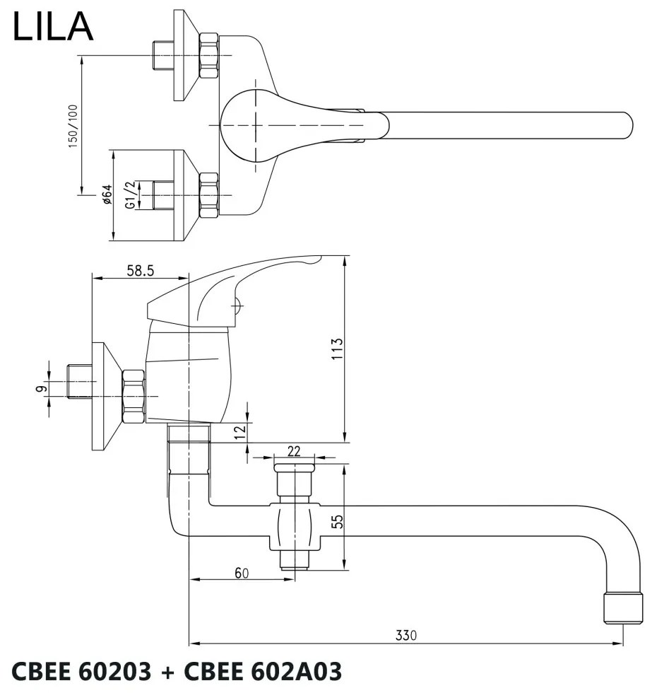 Mereo Lila nástěnná baterie do byt. jádra 150 mm s ramínkem18 mm 330 mm bez přísluš. mosaz chrom CBEE60203