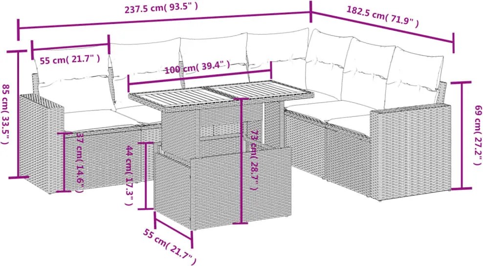 7dílná zahradní sedací souprava s poduškami béžová polyratan 3271332