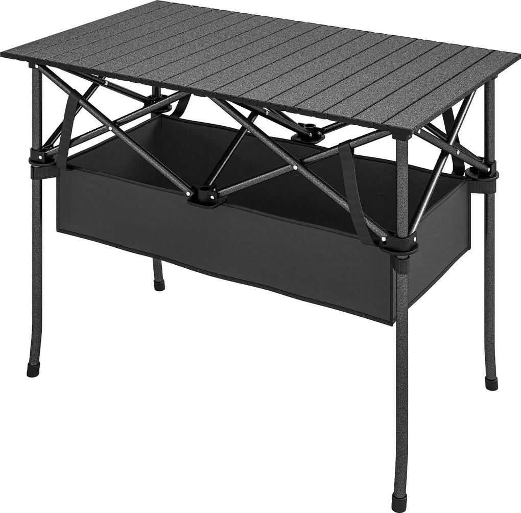 Skládací kempingový stůl Outsunny, 93 x 55 x 68 cm, rolovací hliník s úložnou sítí, kovový rám, černý | Aosom