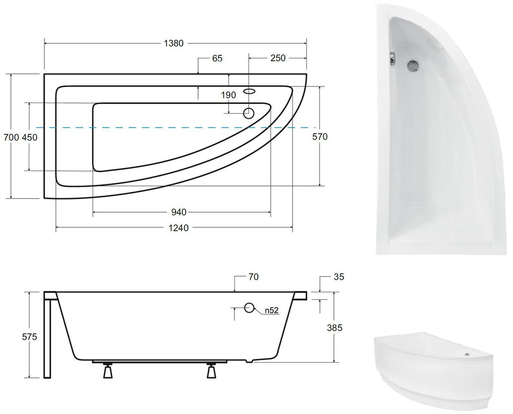 BESCO Asymetrická vana FONDI Nožičky k vaně - S nožičkami, Rozměr vany - 150 × 70 cm, Způsob provedení - Pravé - OLVFON15P+OLVPINOZ