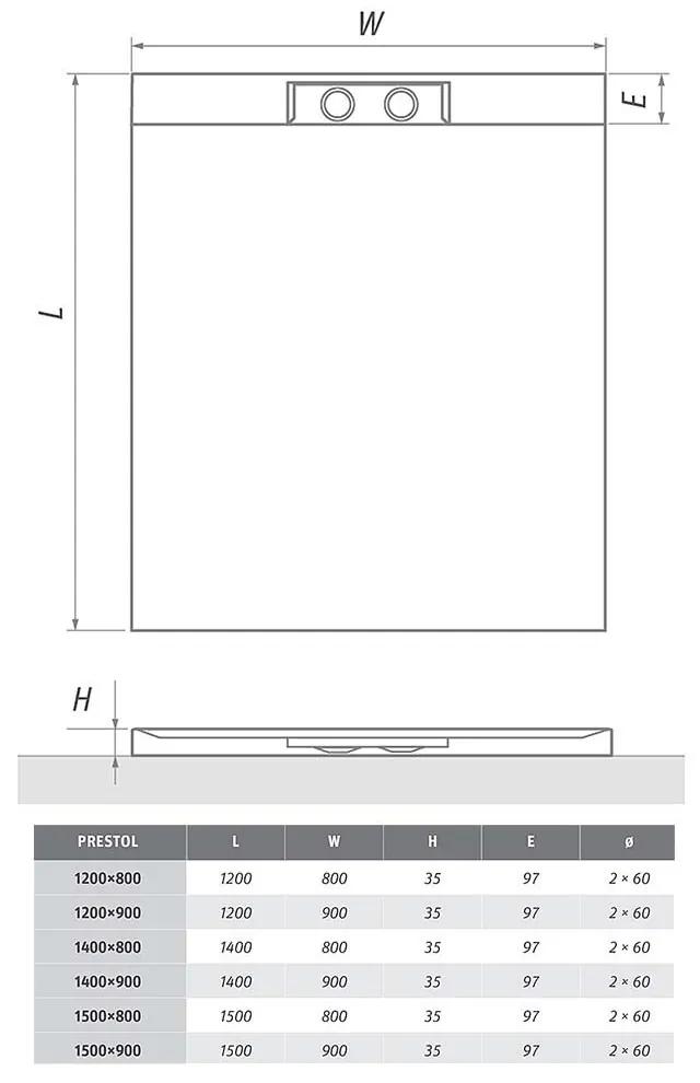 Roth Obdélníková sprchová vanička z litého mramoru PRESTOL Varianta: rozměry: 150x90 cm, kryt sifonu: leštěná nerez - (PRESTOL 1500x900 - 8000305)