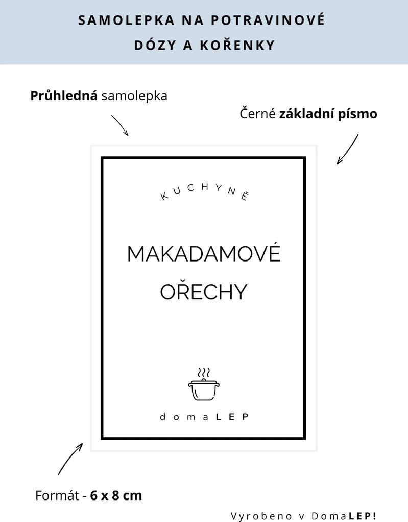 MAKADAMOVÉ OŘECHY – průhledná samolepka na dózu, základní písmo, 6 x 8 cm | DomaLEP