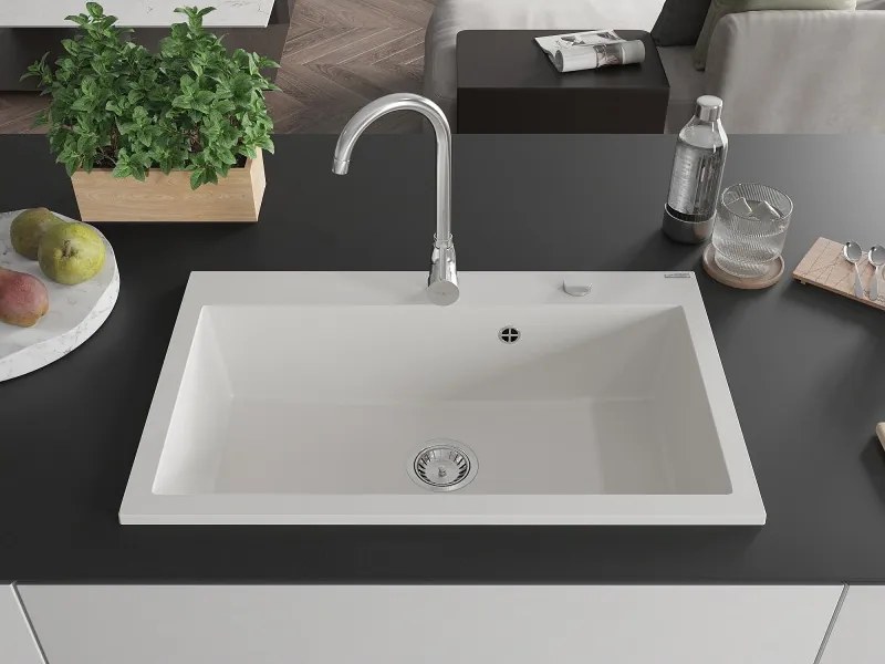 Mexen Elix granitový dřez 1-komorový 800 x 500 mm, bílý, sifon chrom - 6527801005-20