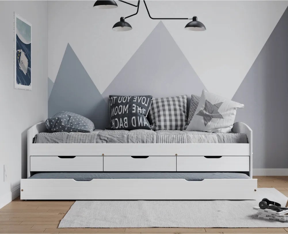 Postel s výsuvnou přistýlkou, bílá, masiv, 90x200, MARINELLA NEW