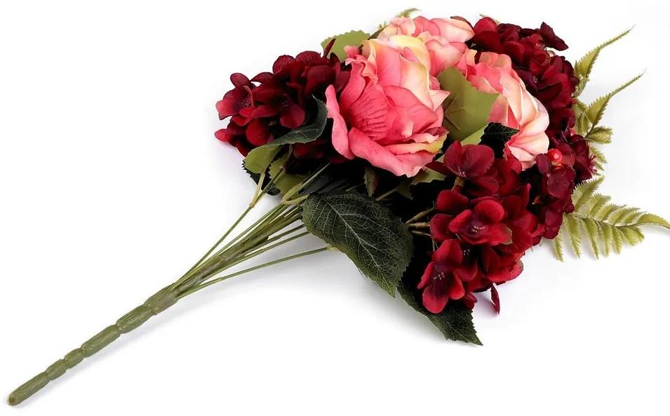 Umělá kytice růže a hortenzie - 2 bordó
