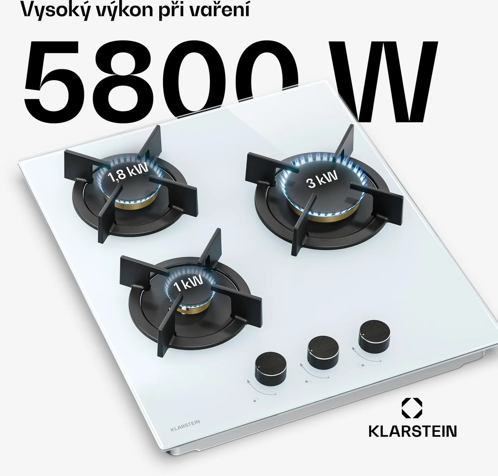 Klarstein Plynová varná deska Goldflame | 3 hořáky s elektrickým zapalováním | zemní plyn a LPG | 5800 W | 45 cm