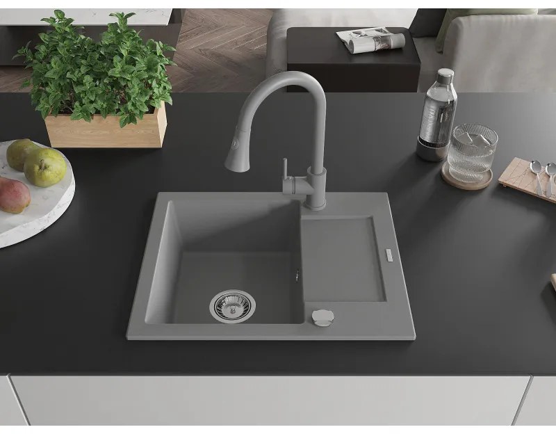 Mexen Enzo, 1-komorový granitový dřez 576x465x174 mm a dřezová baterie Elia, šedá, 6506-71-670101-71