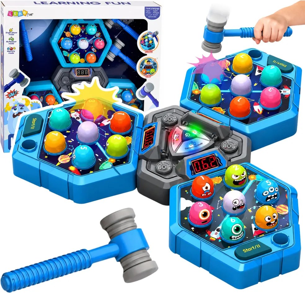 LEAN Toys Postřehová hra Whack-A-Mole s postavičkami pro 3 hráče, 3 režimy, svítící kladívka