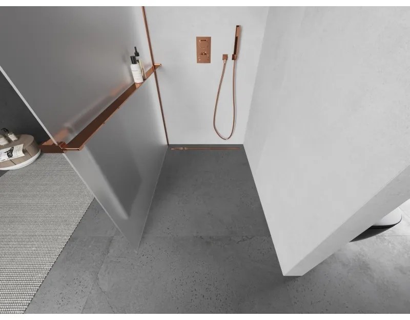 Mexen Kioto+ L, sprchová zástěna Walk-In s poličkou a věšákem 100 x 200 cm, 8mm sklo námraza, růžové zlato profil, 800-100-123-60-30