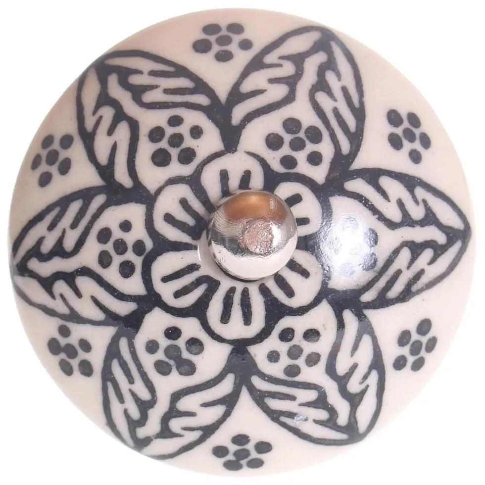 La finesse Porcelánová úchytka Beige Flower Black, černá barva, porcelán 50 mm