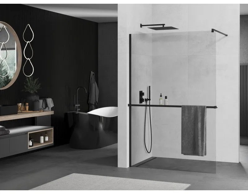 Mexen Kioto, sprchová zástěna Walk-In Walk-in 135 x 200 cm, 8mm čiré sklo, černý profil + věšák na ručníky s poličkou, 800-135-121-70-00