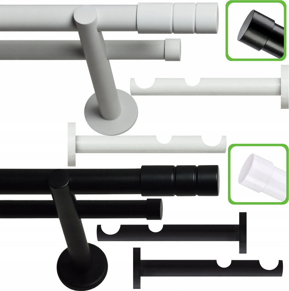 Garnýž Dvojitá 200 CM Silná Trubka 25+19 MM Garnýž Černá Bílá Záclonová Tyč