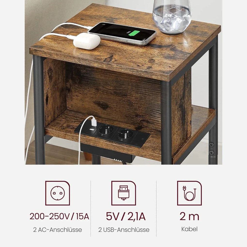 Boční stůl, noční stolek, s USB portem, hnědý/černý