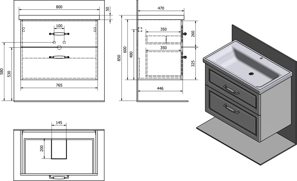 Aqualine FAVOLO 76,5 x 60 x 44,6 cm FV280 umyvadlová skříňka bílá mat