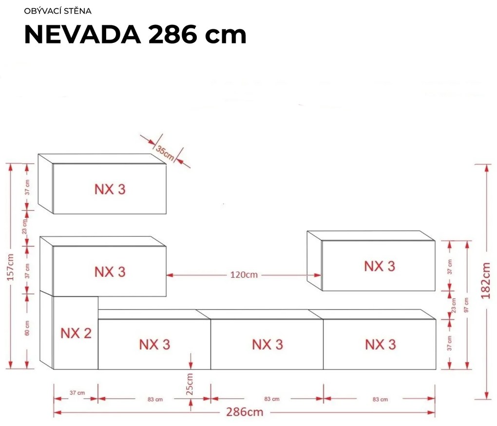 Ral Obývací stěna NEVADA 4, 286 cm - Černo/bílý lesk