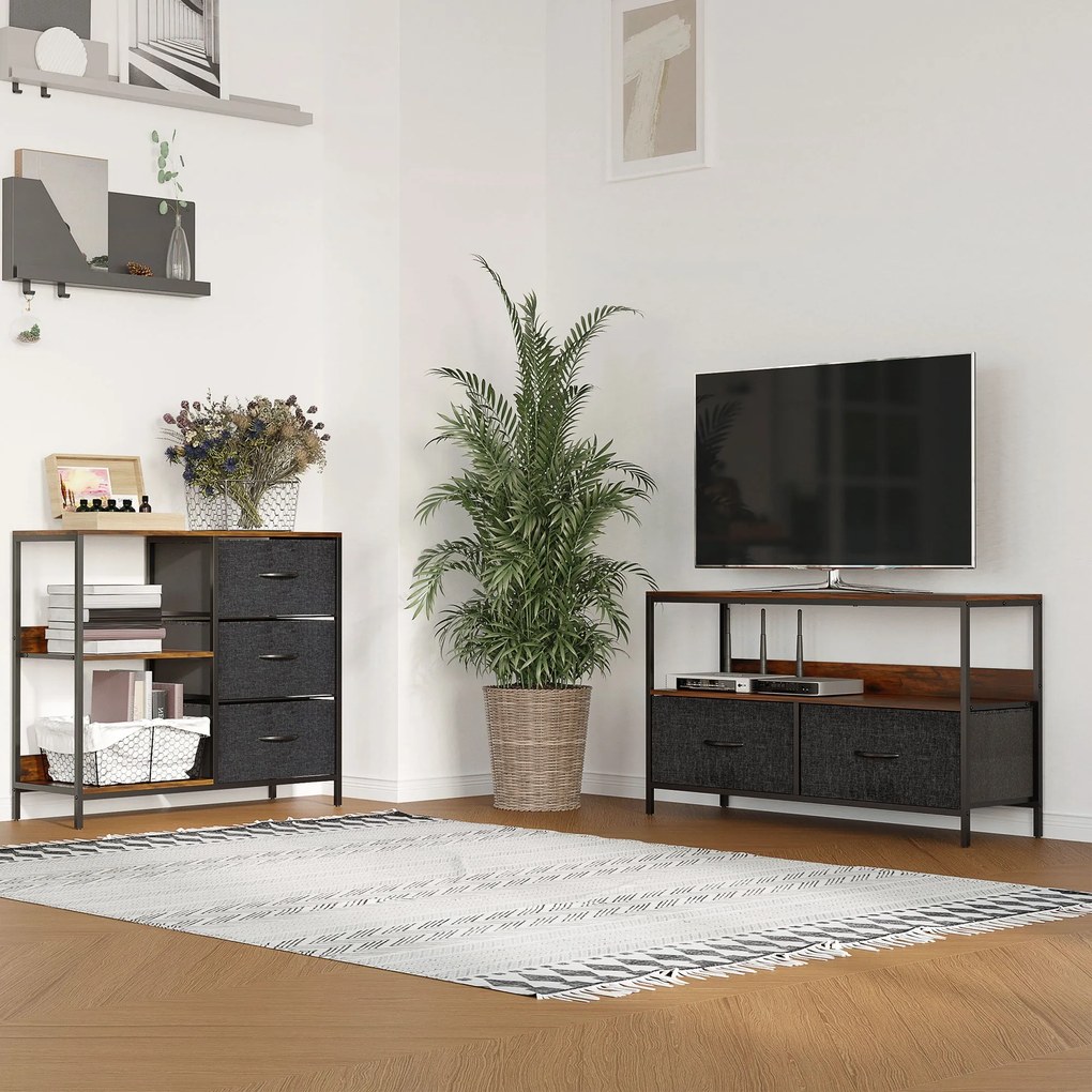 HOMCOM TV Stojan pro TV do 47" s industriálním stylem, s policí a 2 skládacími textilními šuplíky pro obývací pokoj nebo ložnici 98x29x56 cm v rustik…