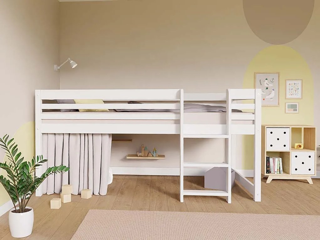 Benlemi Nízká vyvýšená postel TULY s žebříkem 90x200 cm Zvolte barvu: Bílá, Zvolte stranu: Vlevo, Zvolte variantu: Se závěsem
