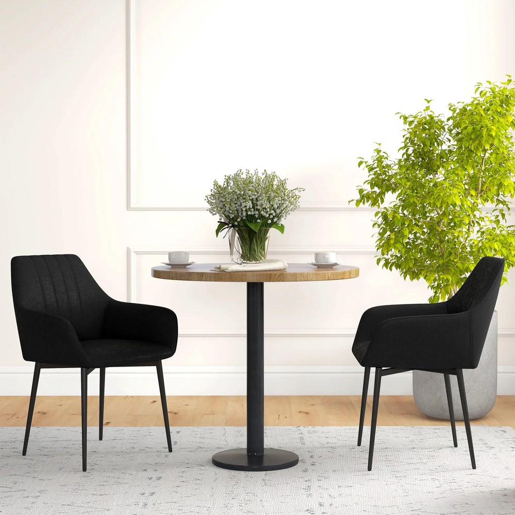 Jídelní židle HOMCOM v severském designu - Sada 2 židlí - Černé zkosené kovové nohy - Ergonomické lněné černé sedáky, opěradla a područky
