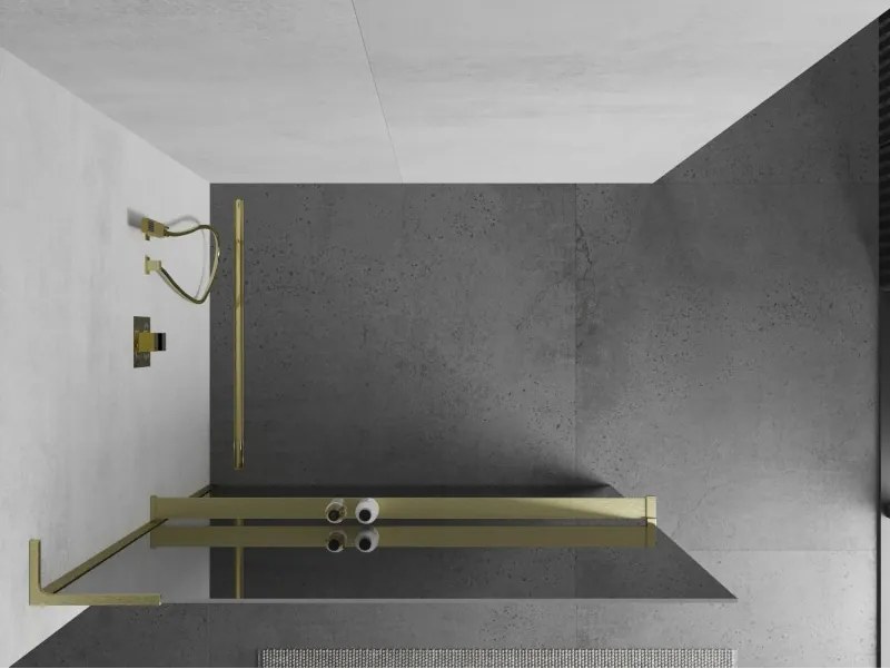 Mexen Kioto+ L, sprchová zástěna Walk-In s poličkou a věšákem 120 x 200 cm, 8mm sklo vzor zrcadlo, zlatý matný profil, 800-120-123-55-50