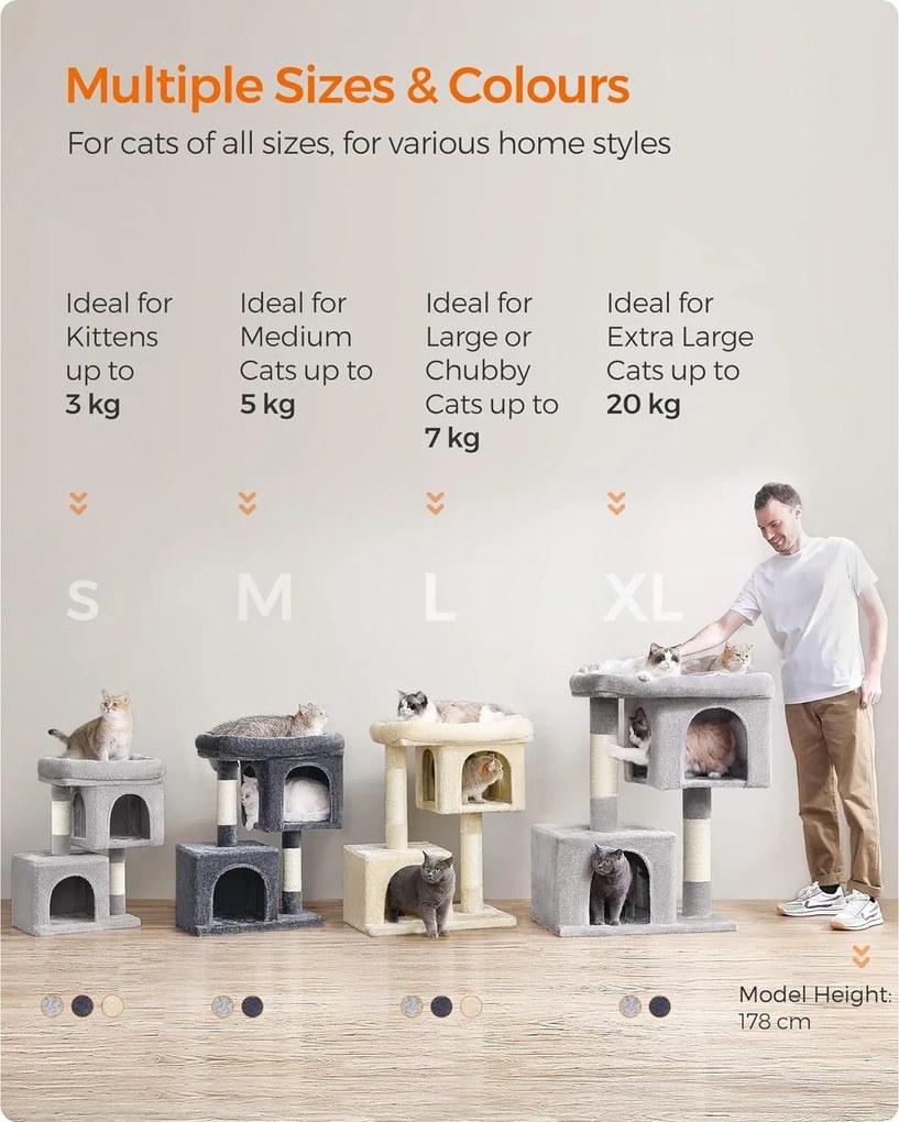 Škrabací sloup pro kočky, 74 cm vysoká kočičí věž, M velikost, světle šedá