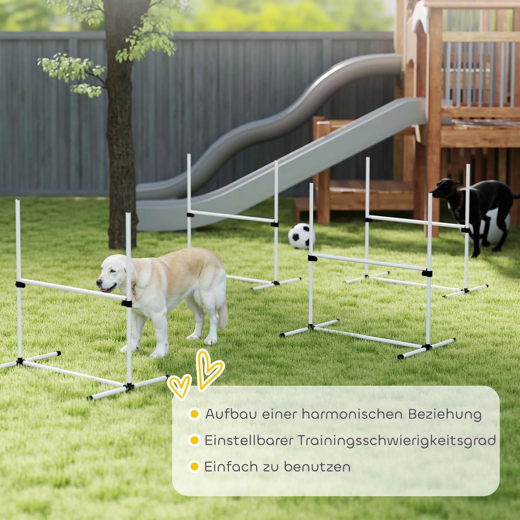 PawHut agility překážková sada pro výcvik psů 4 překážky slalomové tyče plastové bílé 99x65x94cm pro aktivní výcvik psů