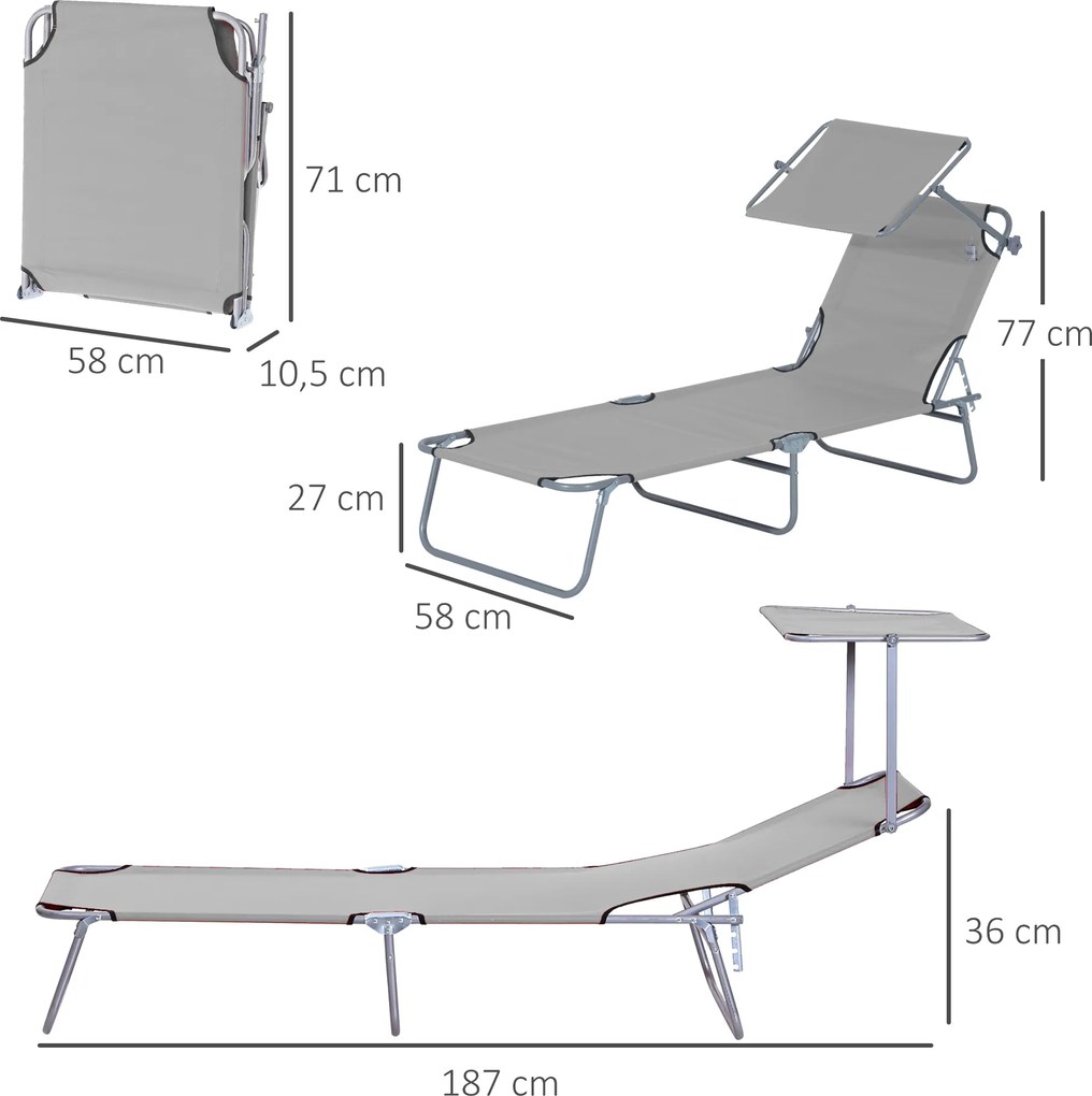 Lehátko Outsuuny skládací zahradní lehátko se stříškou, lehátko s opěradlem nastavitelným ve 4 směrech, kempingové lehátko odolné proti povětrnostním…