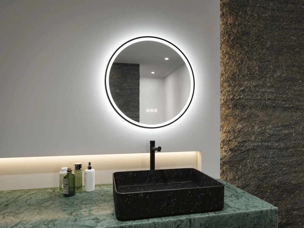 Paulmann 71088 Mirra, stmívatelné kulaté zrcadlo s osvětlením a funkcí odmlžení, 11,5W LED White Switch, černá, průměr 59cm, IP44