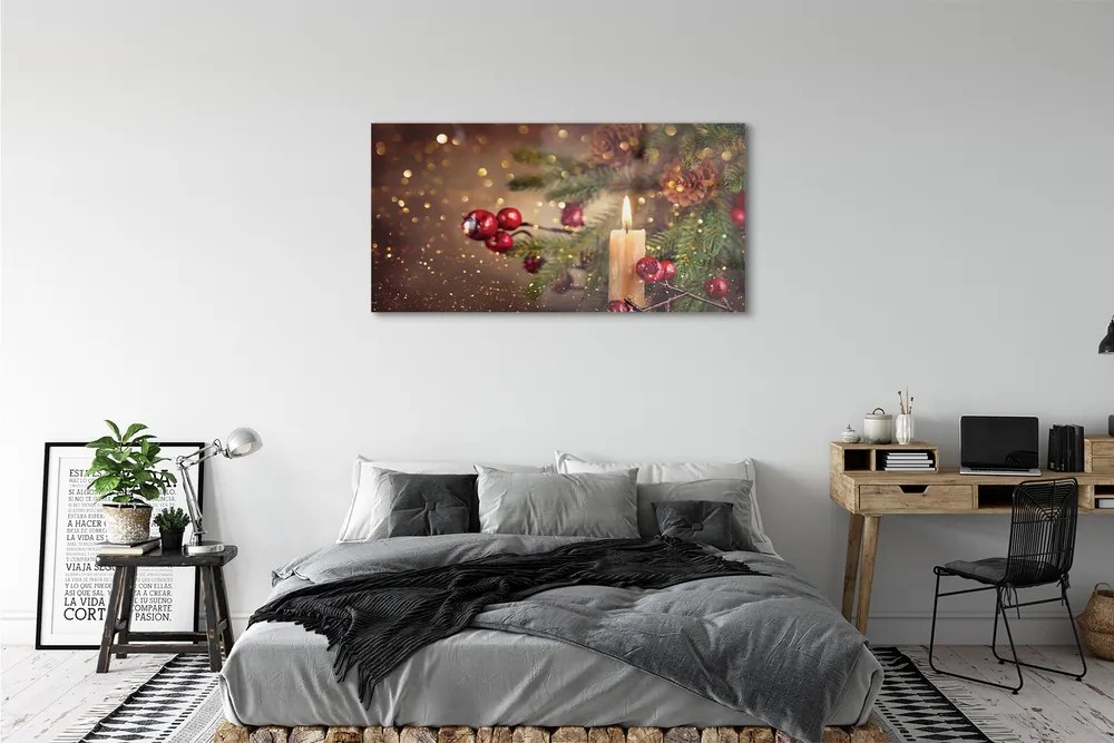 akrylový obraz Větvičky ozdoby svíčka kužely 125x50 cm