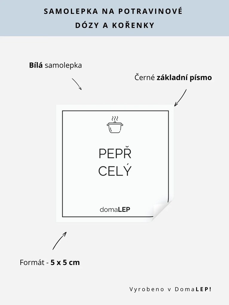Samolepka na kořenky PEPŘ CELÝ bílá 5 × 5 cm základní písmo