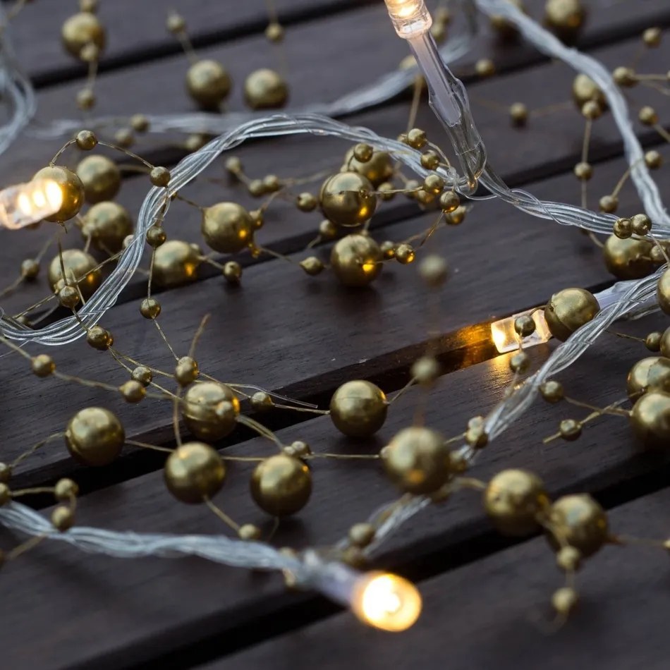 LED světýlka na baterie, perly zlaté, 1,3 m, teple bílá, 10 diod, čirý kabel, IP20 interiér, 2 × AA
