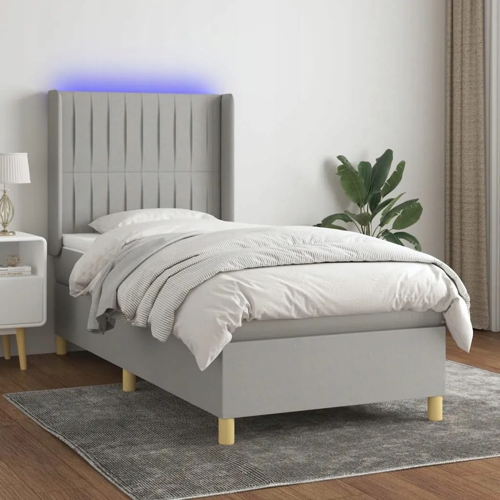 Box Spring Postel S Matrací A Led Textil Světle Šedá Svislé pruhy 100 x 2