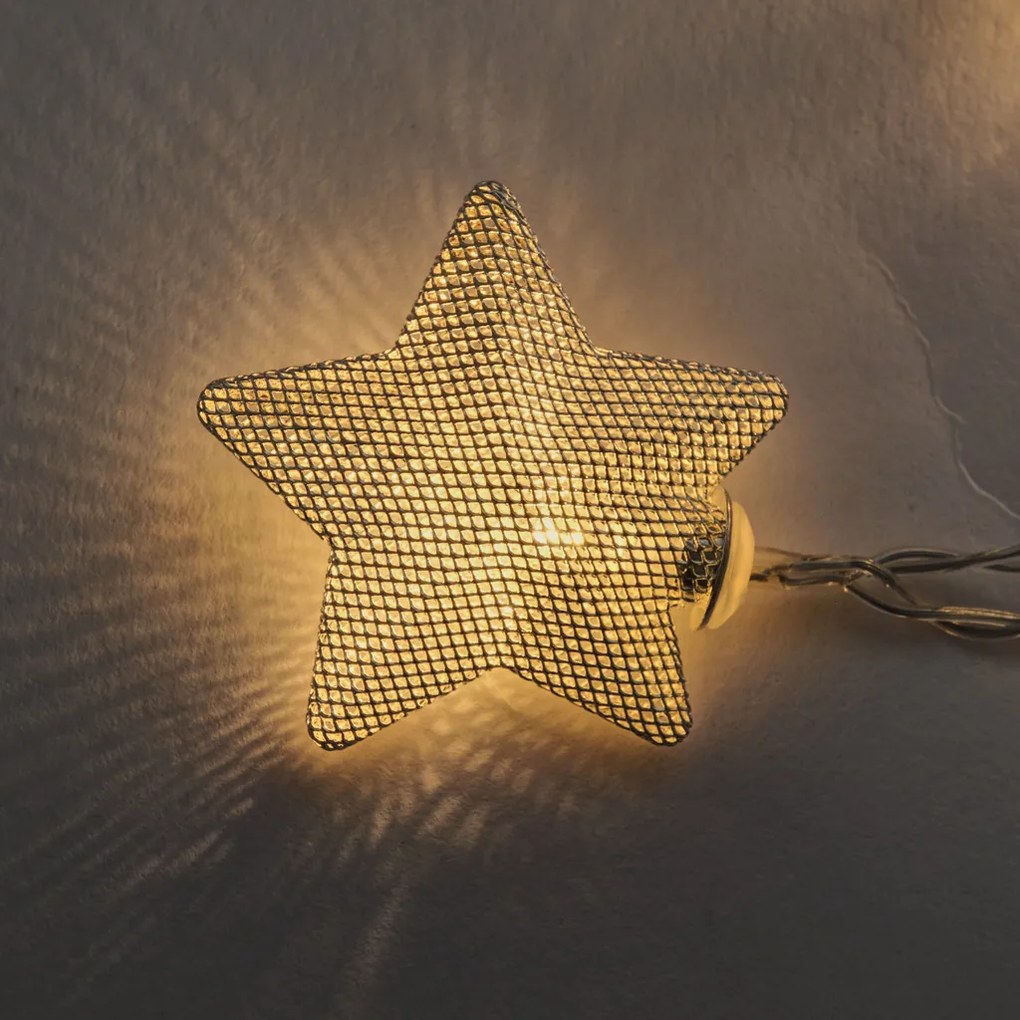 LED světýlka na baterie, kovové hvězdičky, 1,8 m, 10 teple bílých diod, IP20 interiér, 2 × AA