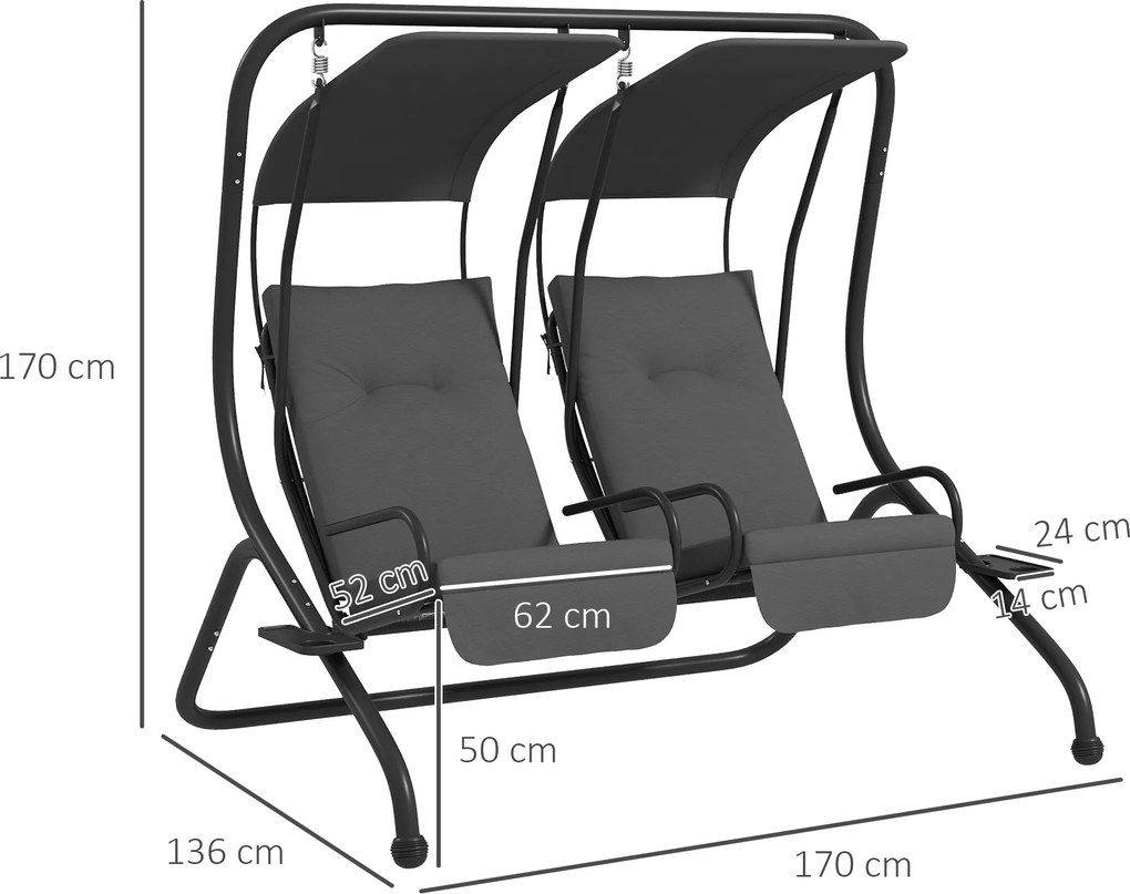 Outsunny 2místná zahradní houpačka Hollywood se sluneční stříškou šedá 170 x 136 x 170 cm, robustní ocelová konstrukce pro zahradu a terasu |