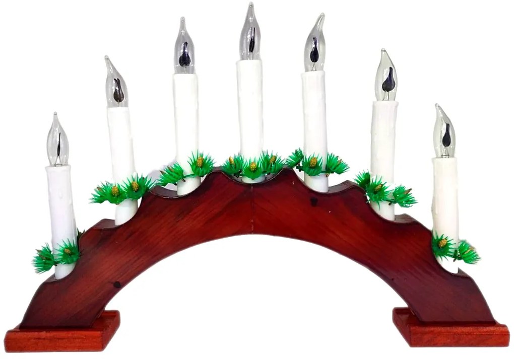 Vánoční dřevěný svícen ve tvaru oblouku, vínová, 7 svíček plamen